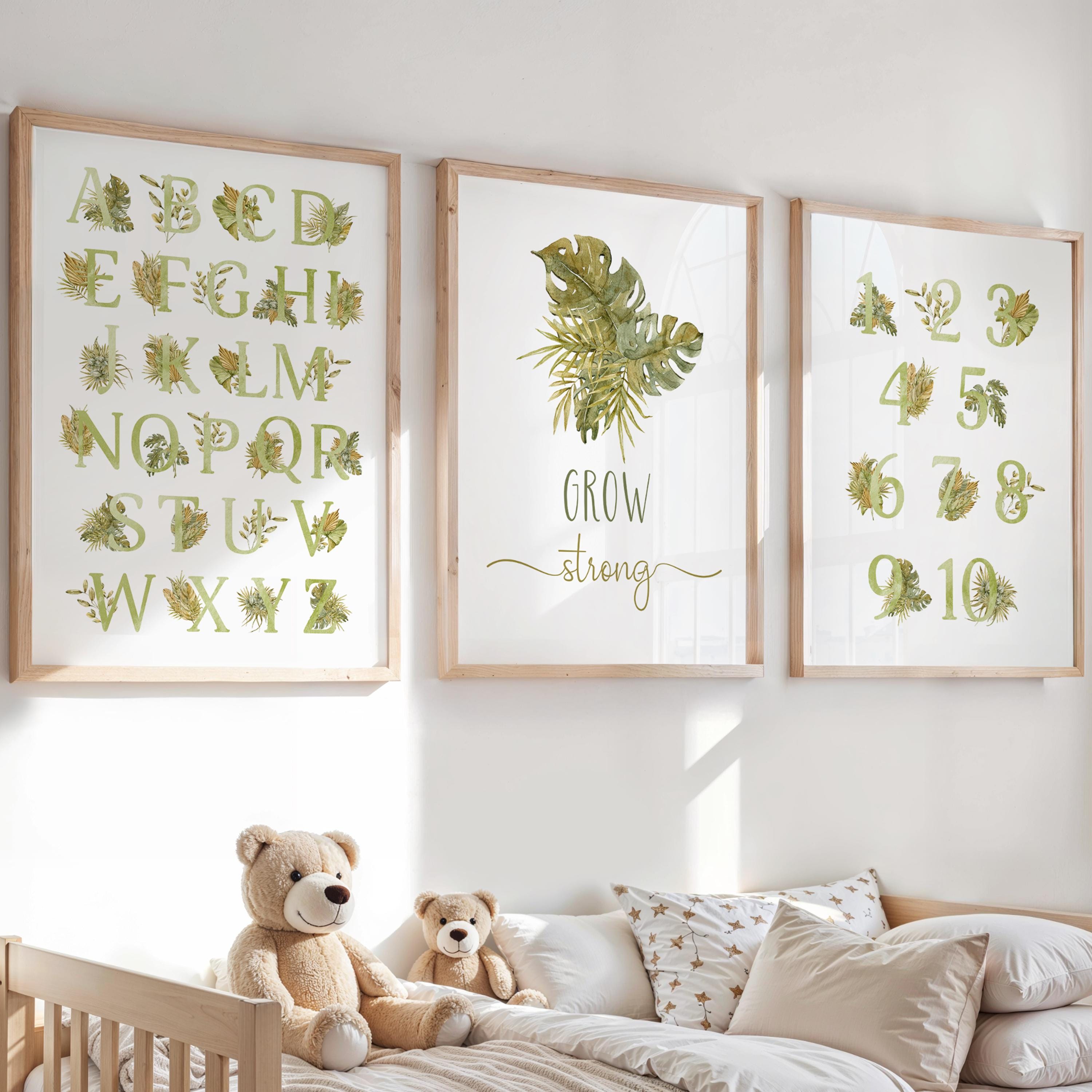 Tropical Leaves Alphabet and Numbers 1-10 Wall Print, Set of 3 Nursery ...