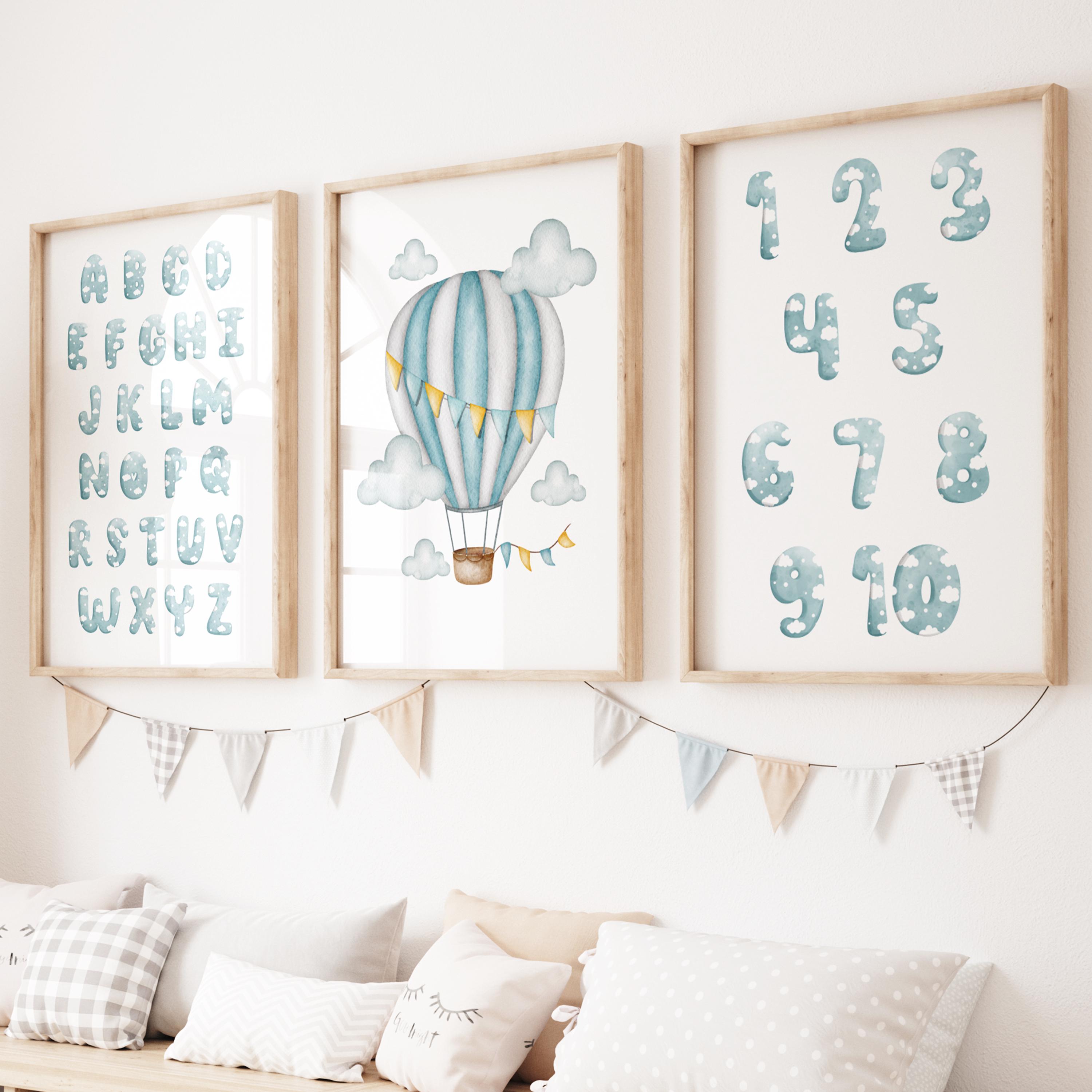 Watercolor Alphabet and Numbers Clouds and Balloon Wall Print, Set of 3 ...