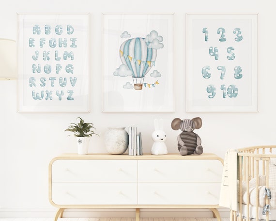 Watercolor Alphabet and Numbers Clouds and Balloon Wall Print | Etsy