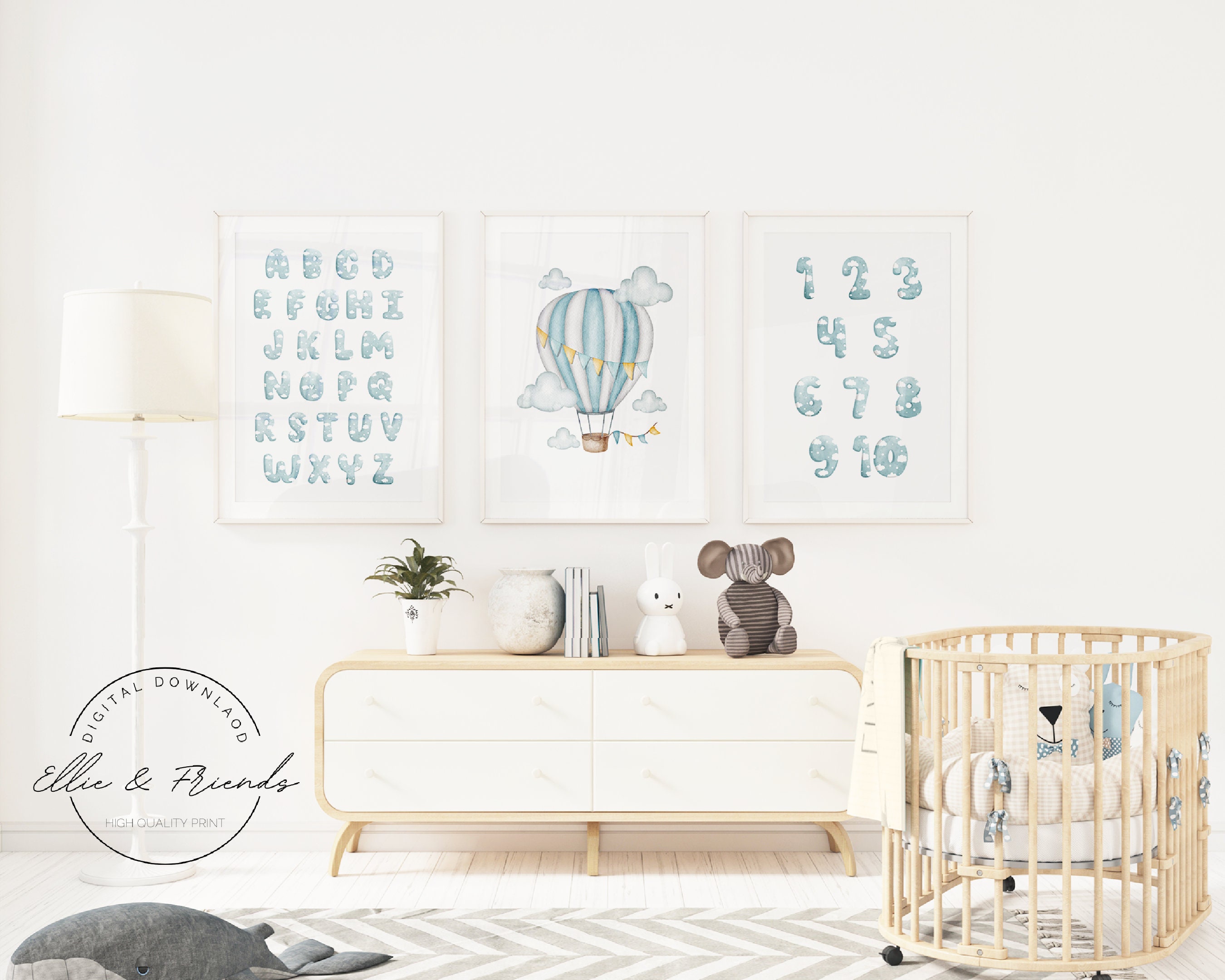 Watercolor Alphabet and Numbers Clouds and Balloon Wall Print, Set of 3 ...