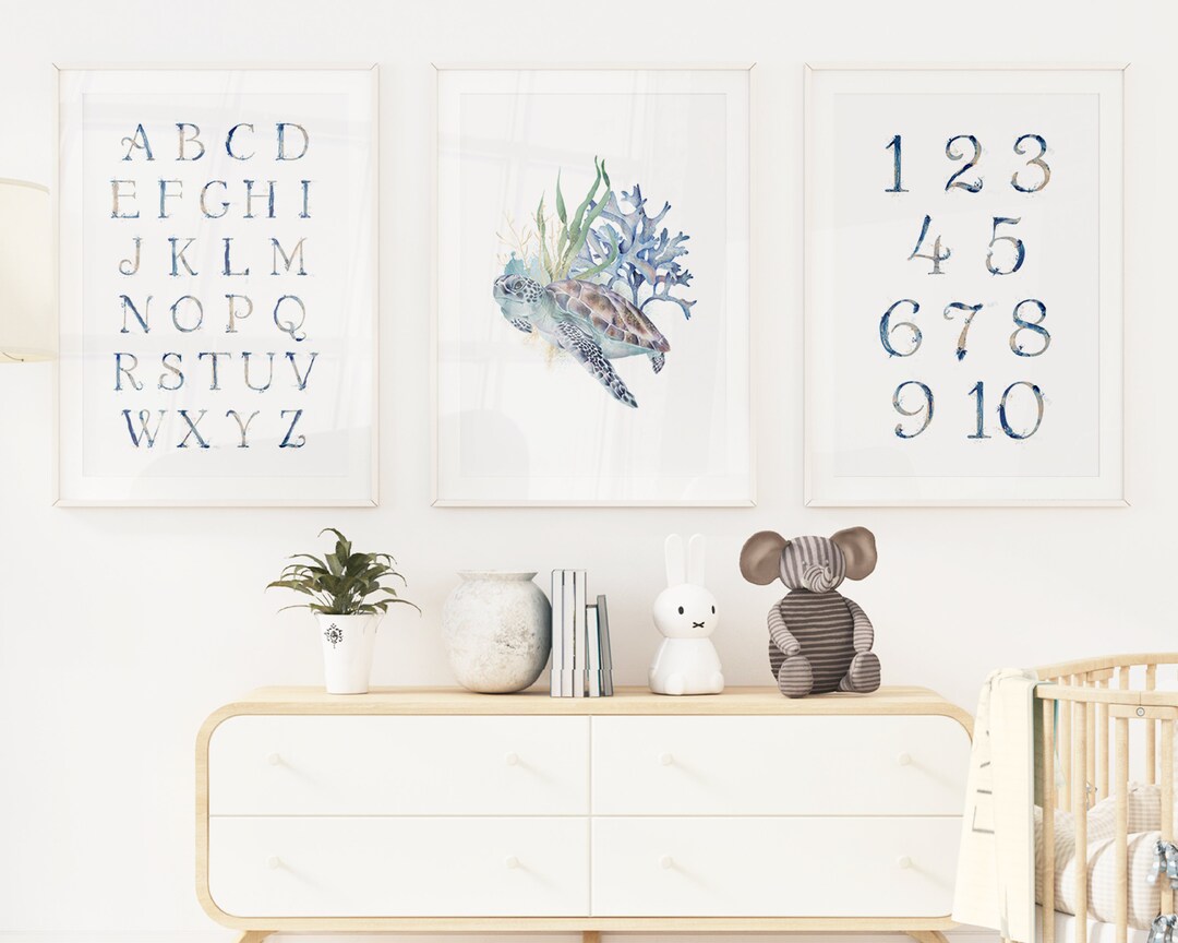 Watercolor Alphabet and Numbers Ocean Turtle Wall Print, Set of 3 ...