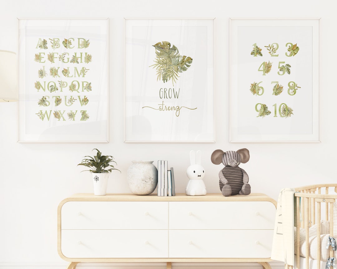 Tropical Leaves Alphabet and Numbers 1-10 Wall Print, Set of 3 Nursery ...