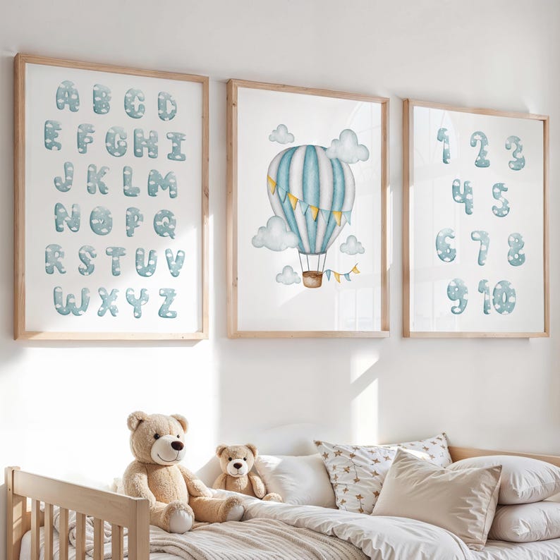 Watercolor Alphabet and Numbers Clouds and Balloon Wall Print, Set of 3 ...