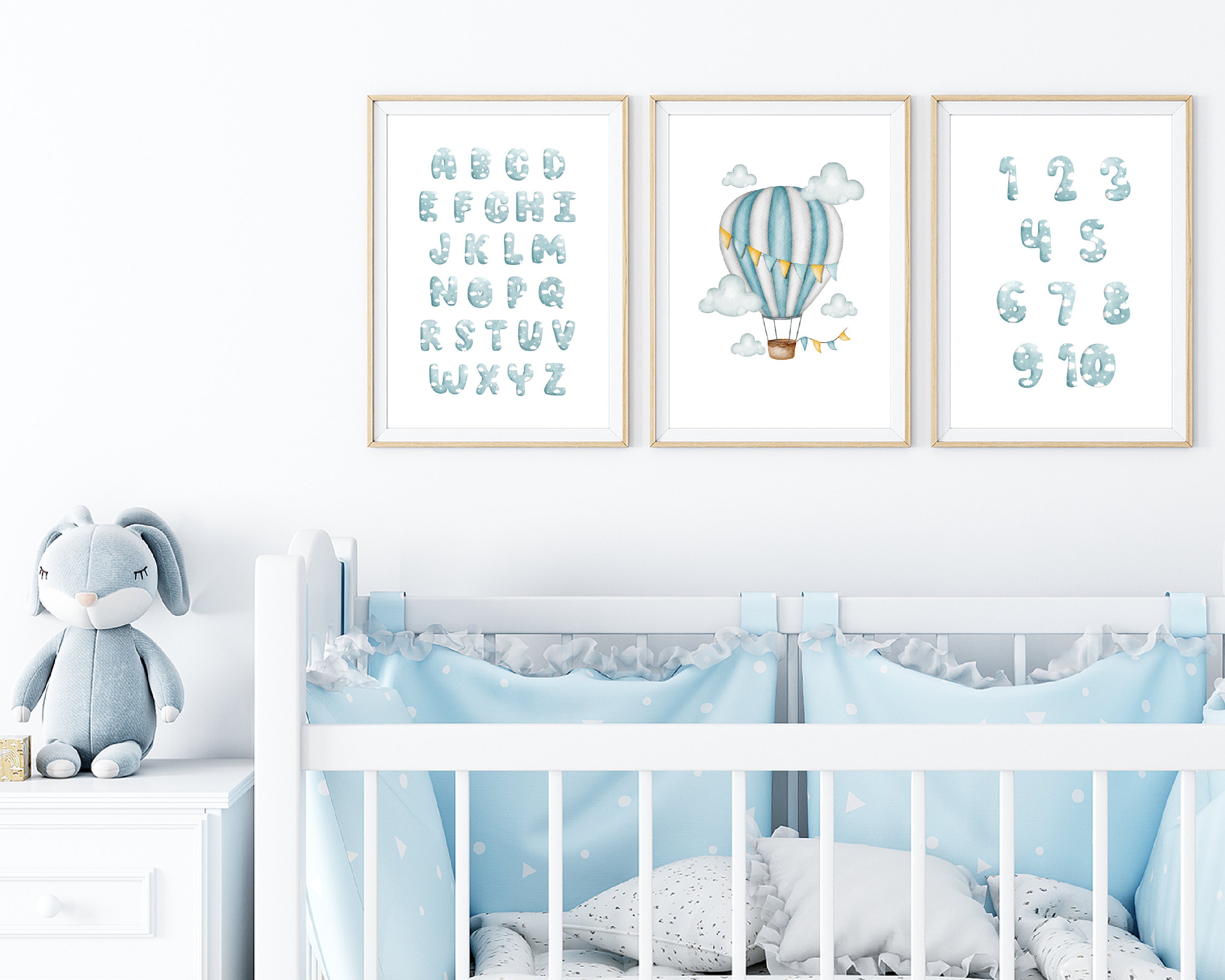 Watercolor Alphabet and Numbers Clouds and Balloon Wall Print, Set of 3 ...