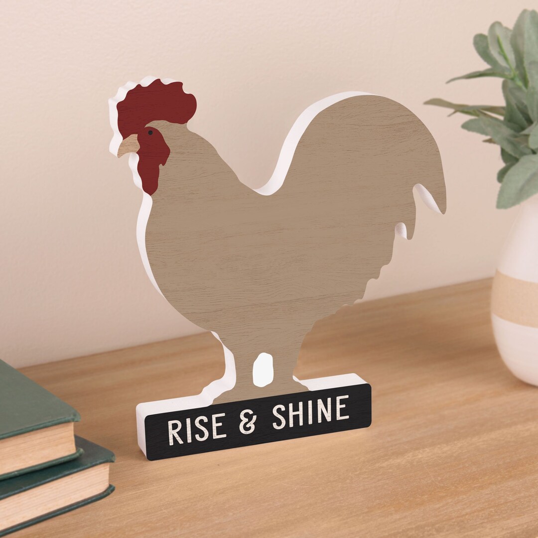 Rise & Shine Rooster Shape Décor Tabletop Farmhouse Sign Rustic Country ...