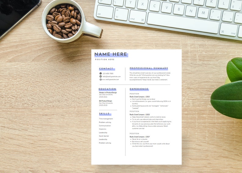 Simple Blue Resume Template - Etsy