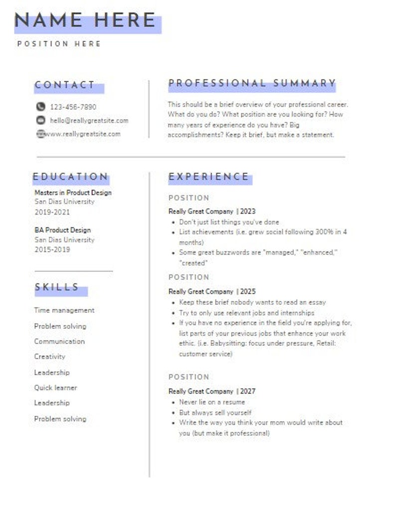 Simple Blue Resume Template - Etsy