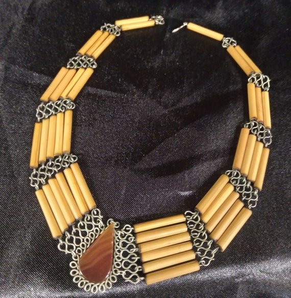 Choker Necklace, Native Wood Bead, Amber Stone Swirle… - Gem
