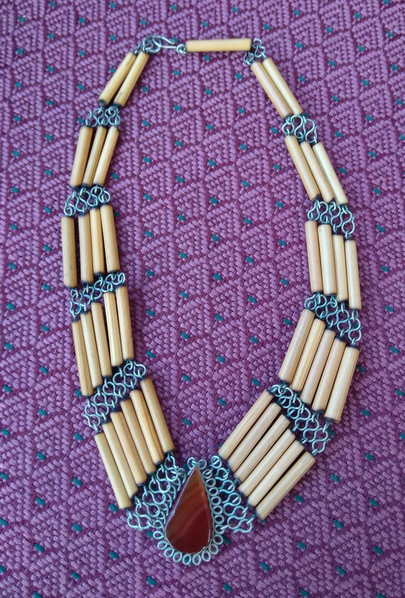 Choker Necklace, Native Wood Bead, Amber Stone Swirle… - Gem