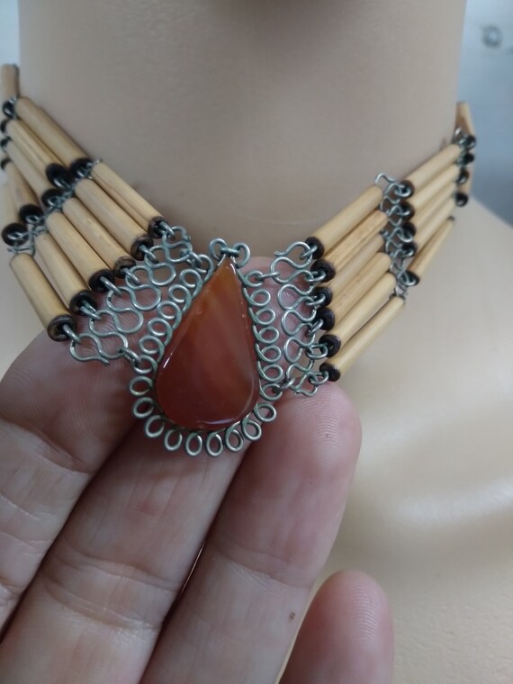 Choker Necklace, Native Wood Bead, Amber Stone Swirle… - Gem