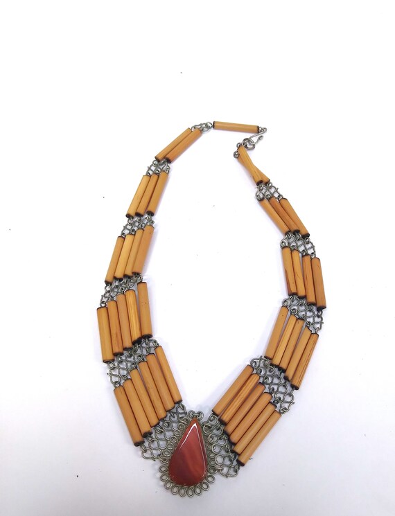 Choker Necklace, Native Wood Bead, Amber Stone Swirle… - Gem