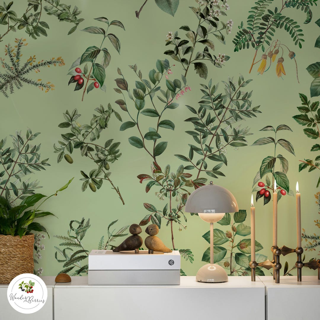 Botanical Greenery Wallpaper, Removable Wallpaper, Vintage Botanical ...