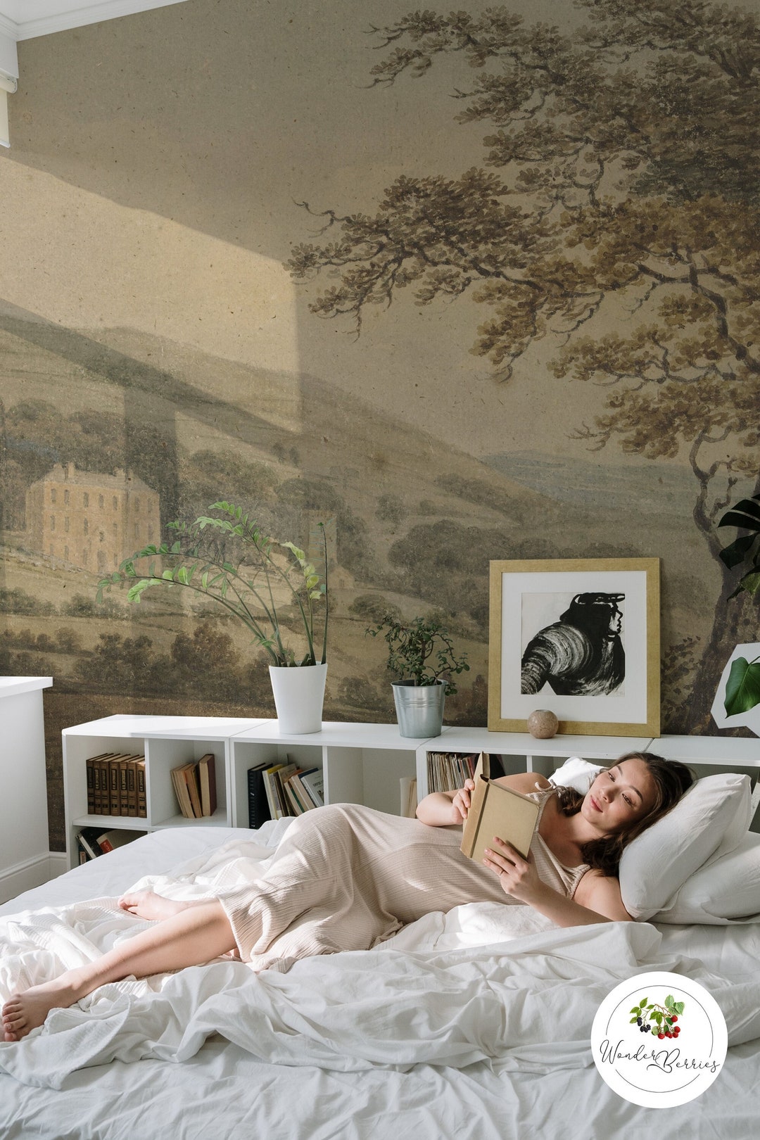 Retro-style Tree and Castle Wall Decor, Peel and Stick Mural Landscape ...