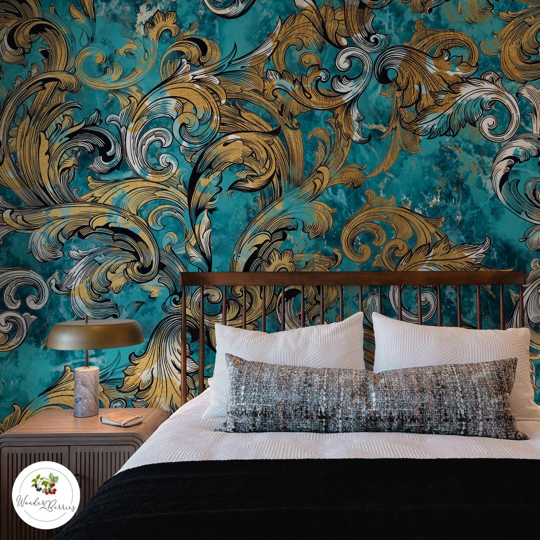 Luxury Baroque Blue & Gold Wallpaper, Ornate Damask Wall Mural, Elegant ...