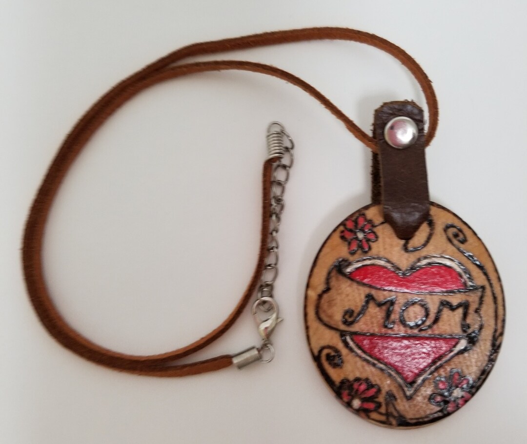 Wood Burning Pendant Necklace Gift for Mom Heart and Flowers 1 3/4 by 1 ...