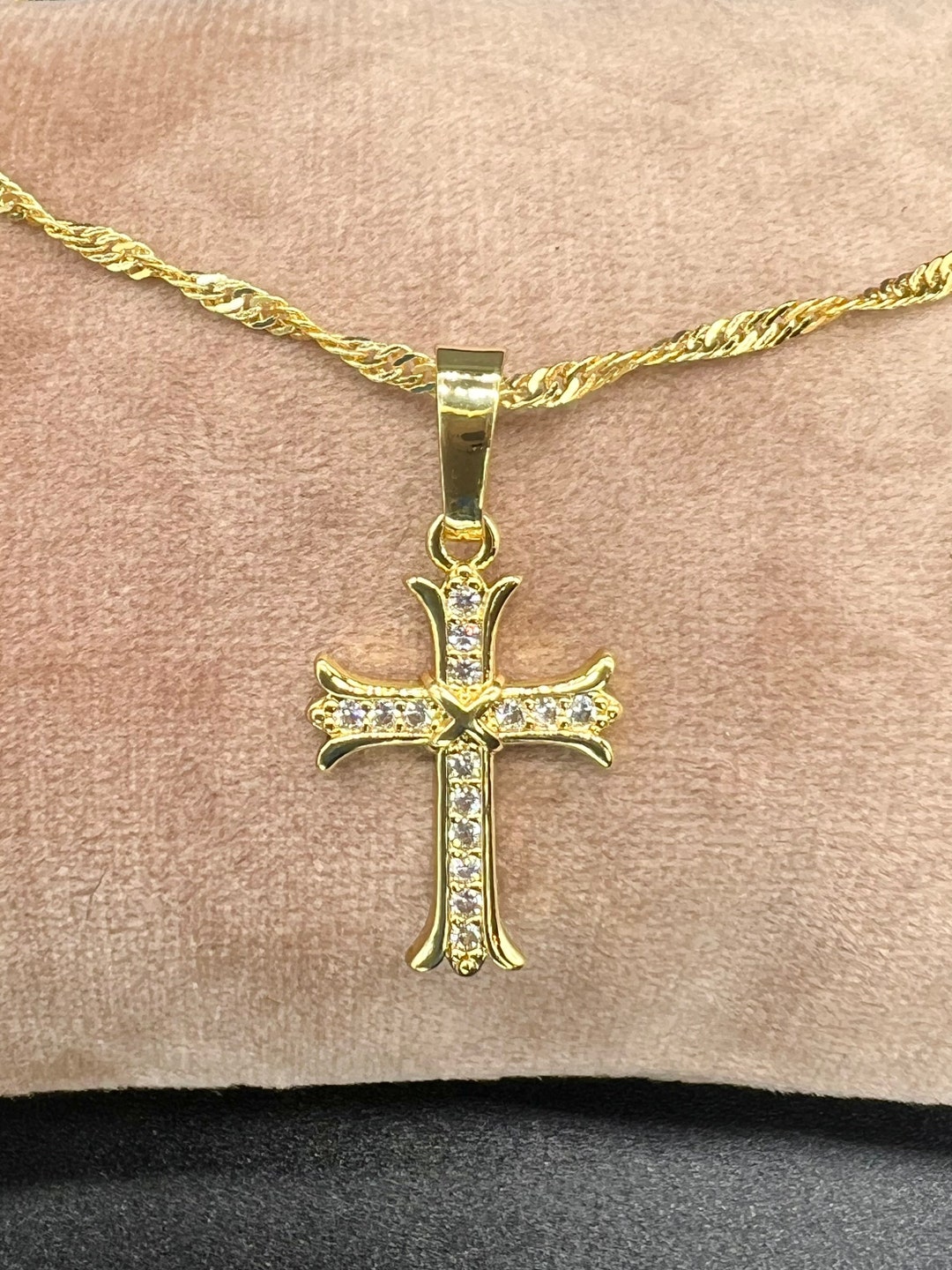 22K 22ct Gold Filled 18 Wave Chain With Stunning Small Cubic Zirconia Cross Crucifix Ref:248 ...
