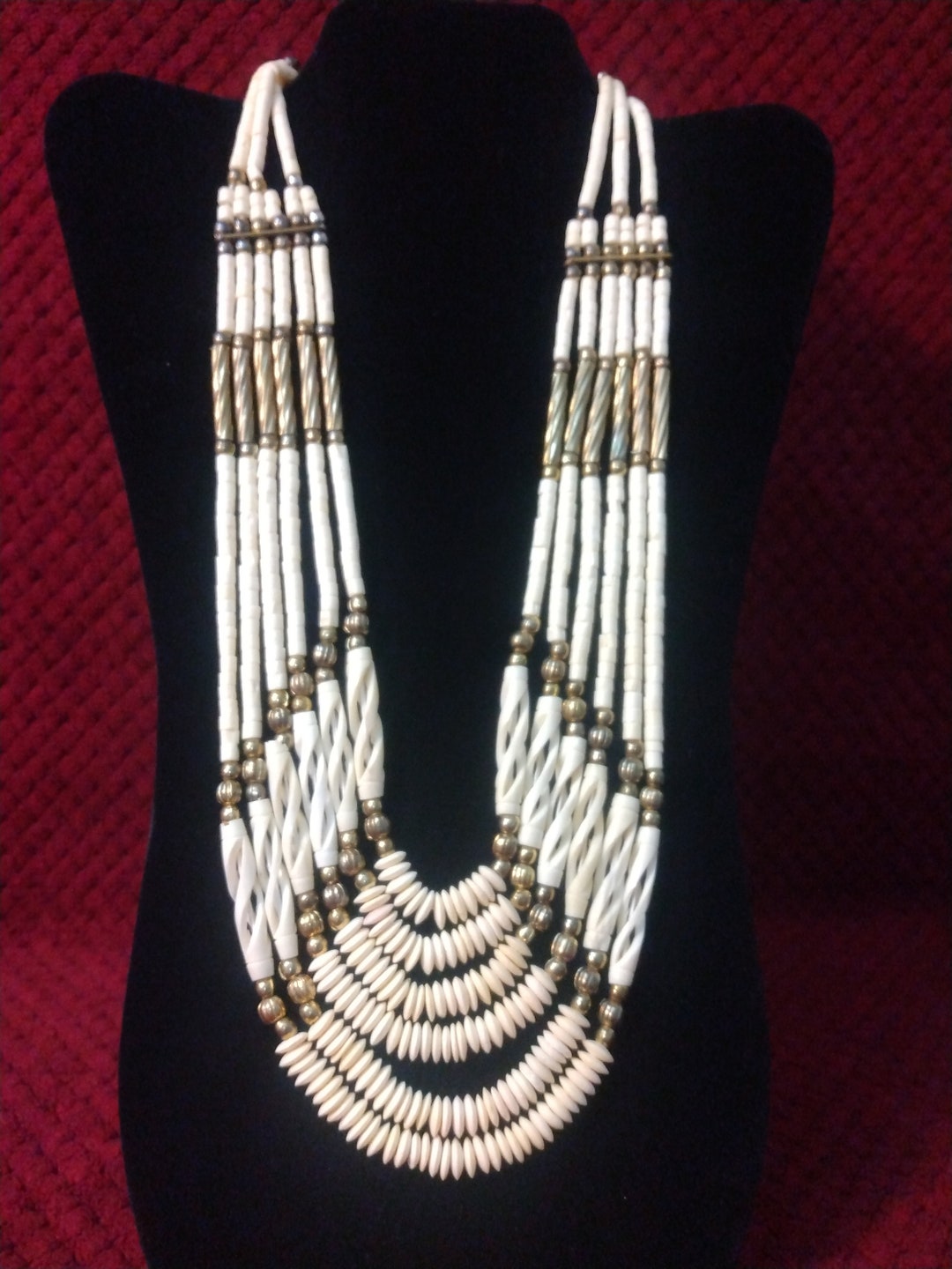 Hand Carved Bone and Brass Bib Style Necklace, Vintage Handmade Item - Etsy