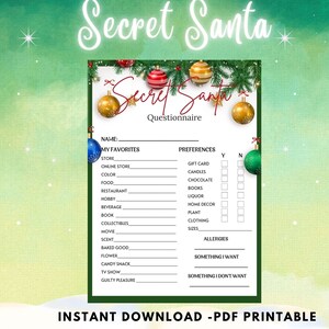 Green Secret Santa Questionnaire | Printable Secret Santa Form | Secret ...