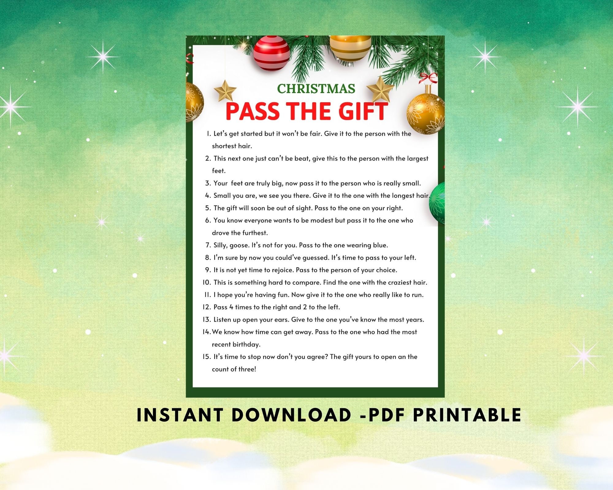 Green Christmas Pass the Gift Game Printable | Christmas Games | Family ...