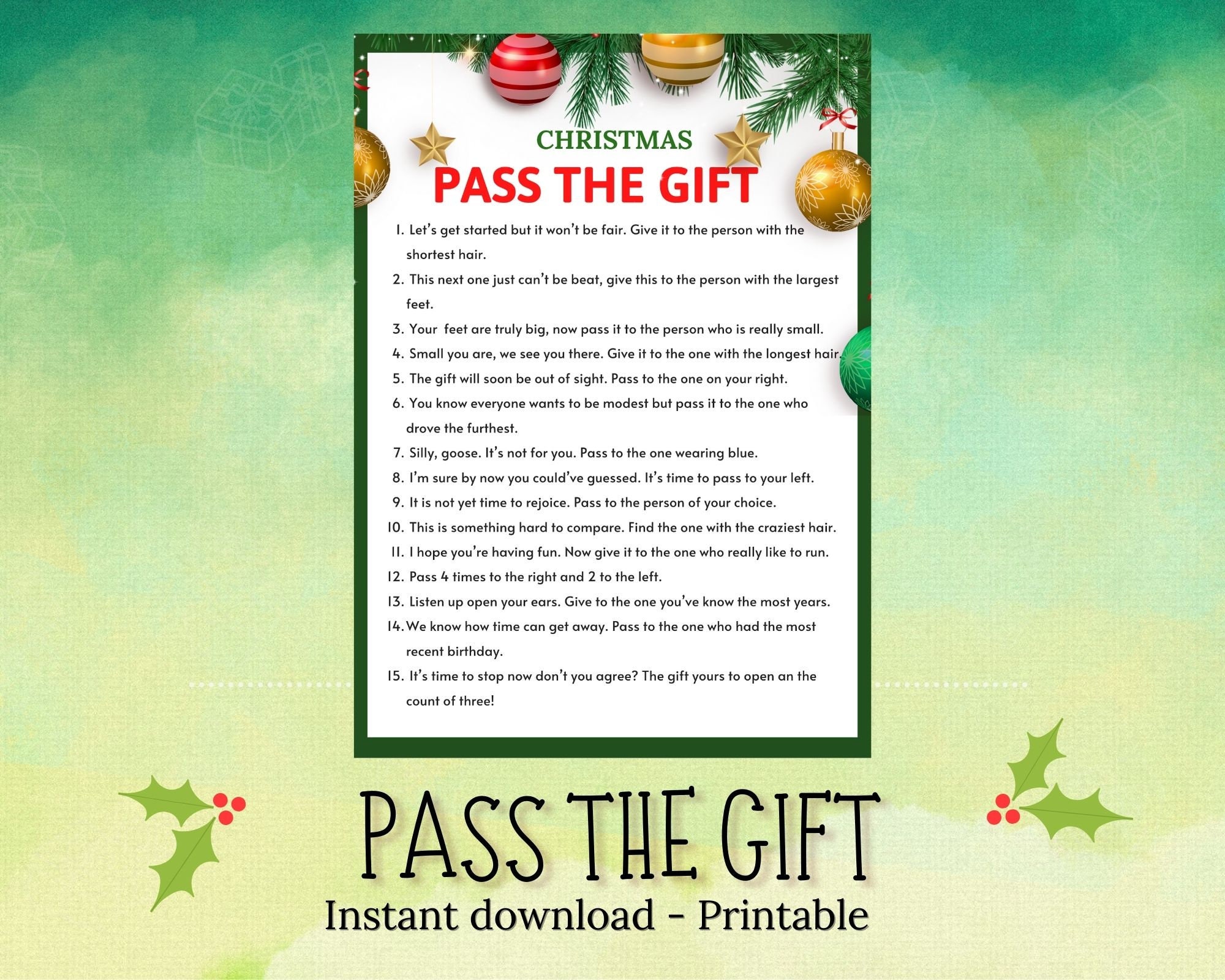 Green Christmas Pass the Gift Game Printable | Christmas Games | Family ...