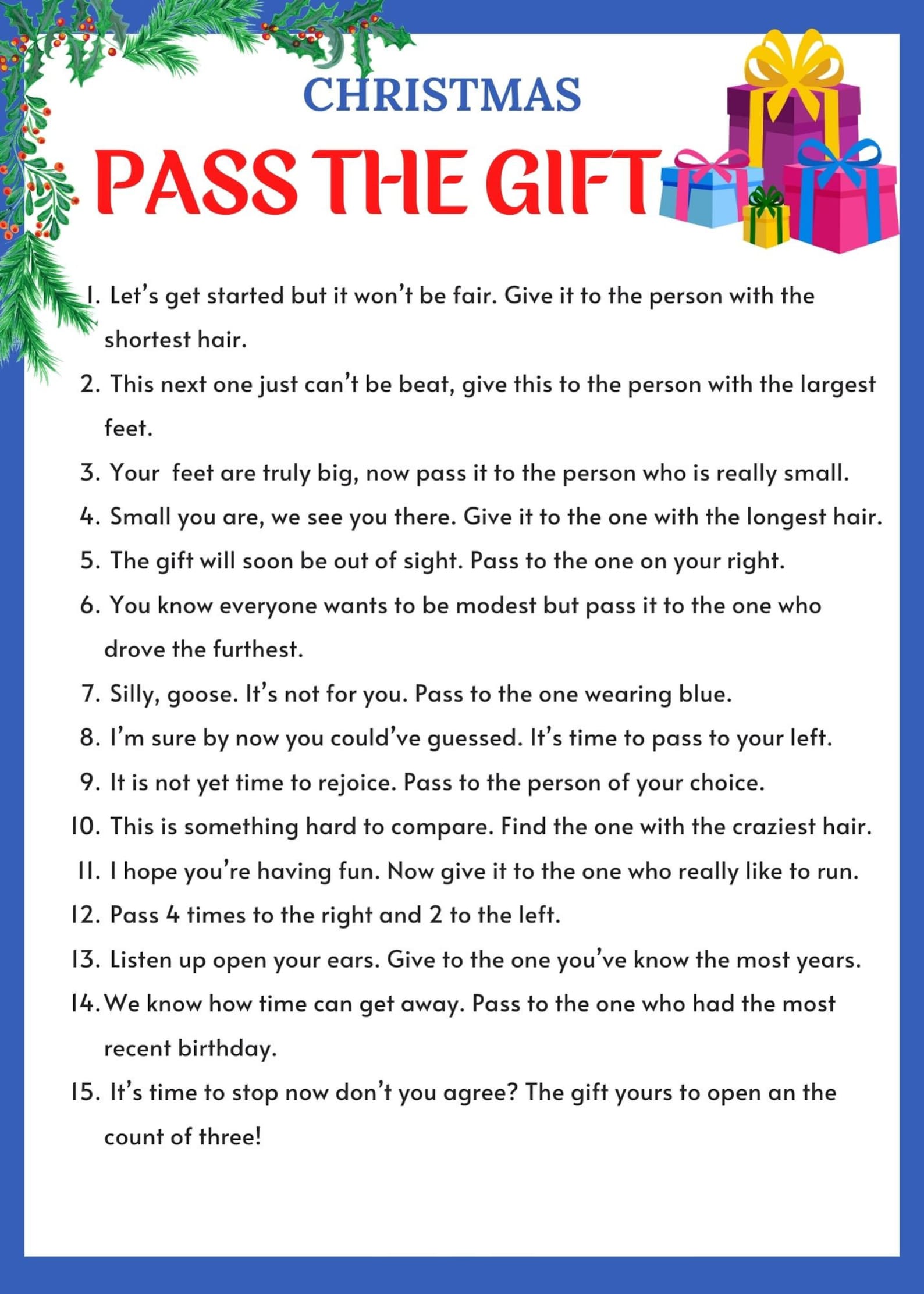 Christmas Pass the Gift Game Printable | Christmas Games | Family Games ...