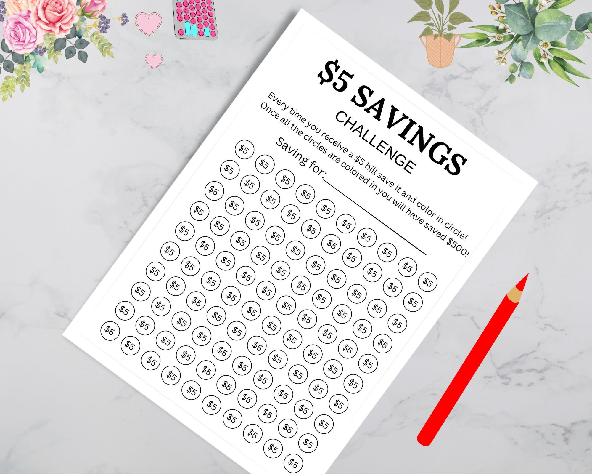 Money Saving Challenge Printable 5 Dollar Savings Challenge Savings ...