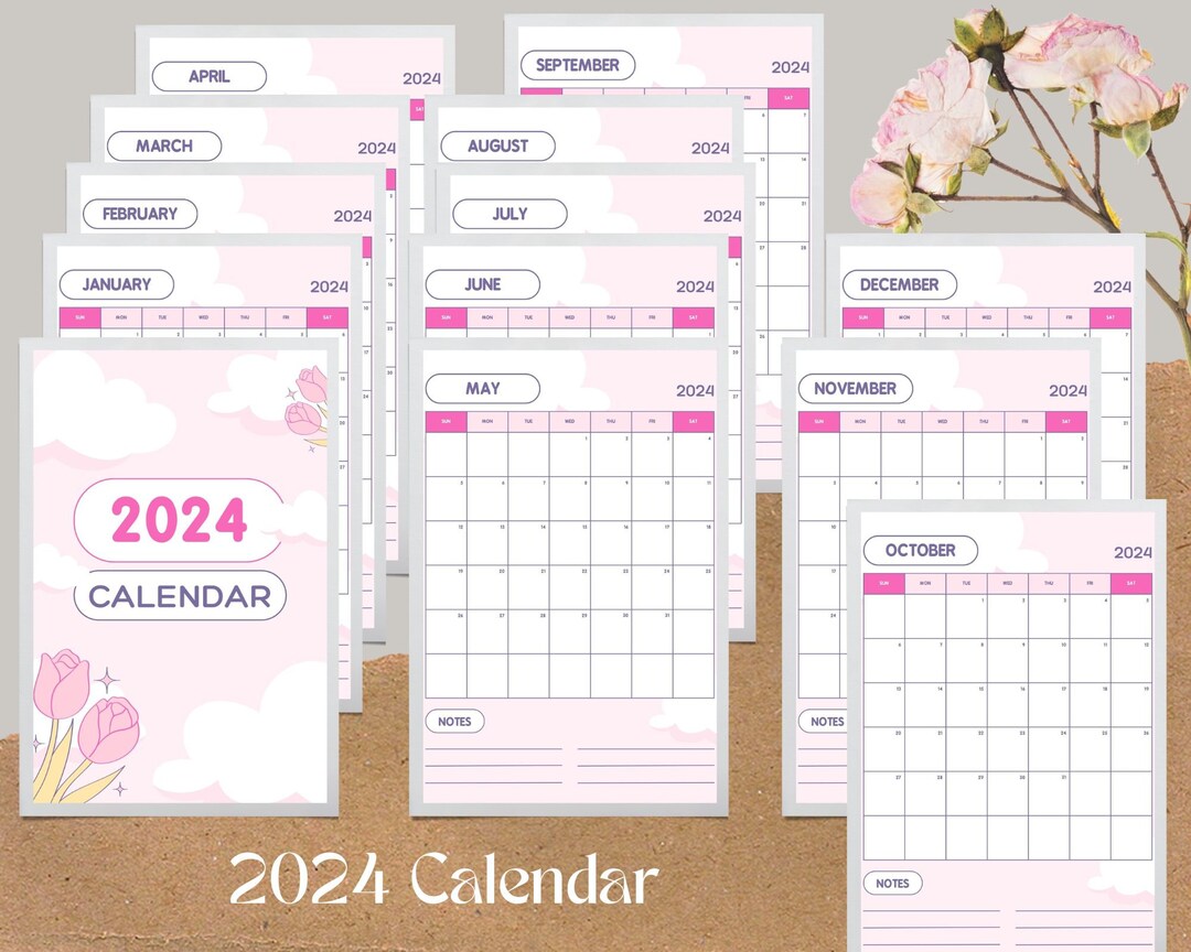 Pastel Pink Cute Illustrative 2024 With Notes Calendar A4 PDF 2024 ...