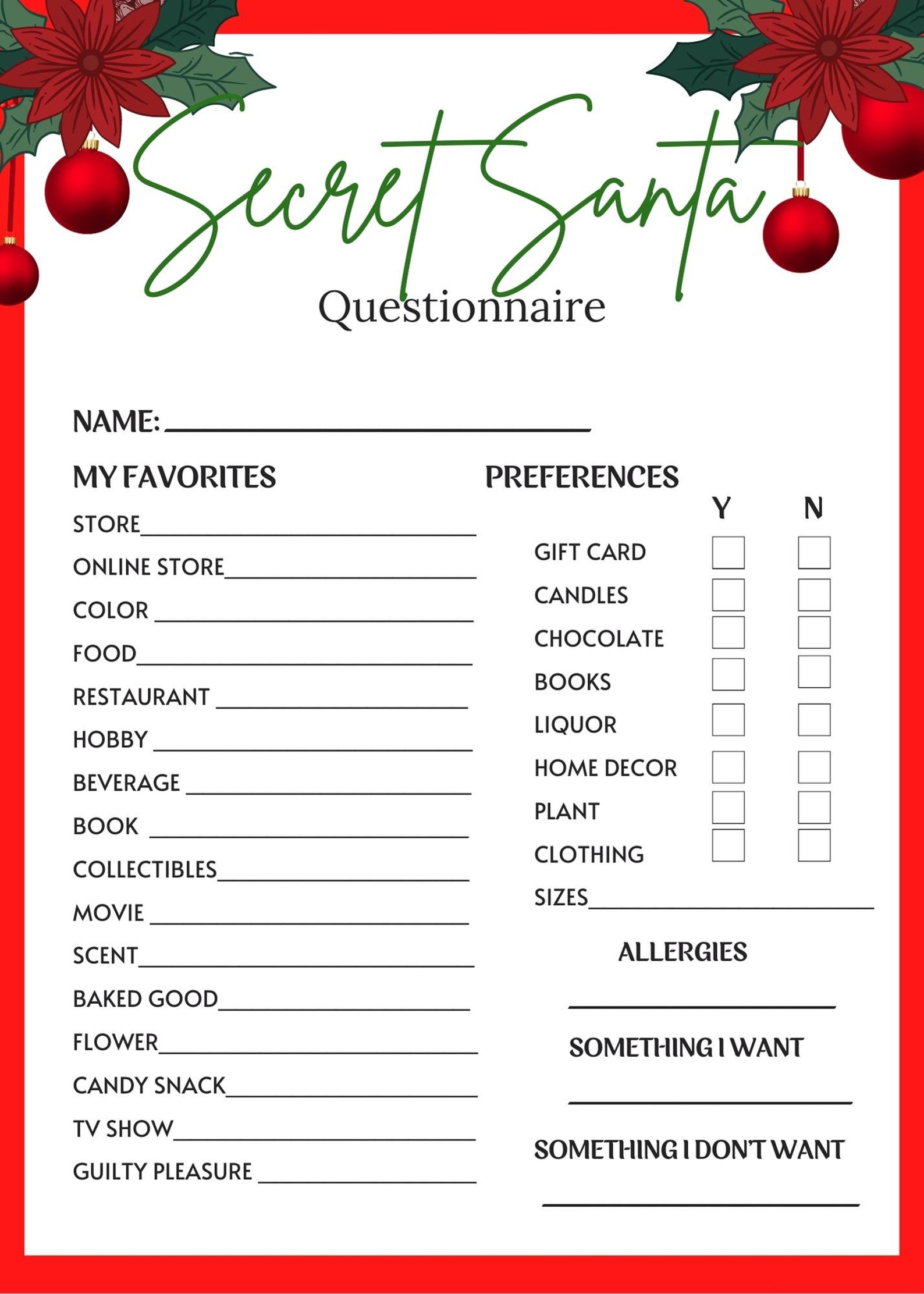 Red Secret Santa Questionnaire | Secret Santa Form | Printable Secret ...