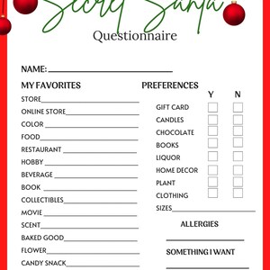 Red Secret Santa Questionnaire | Secret Santa Form | Printable Secret ...
