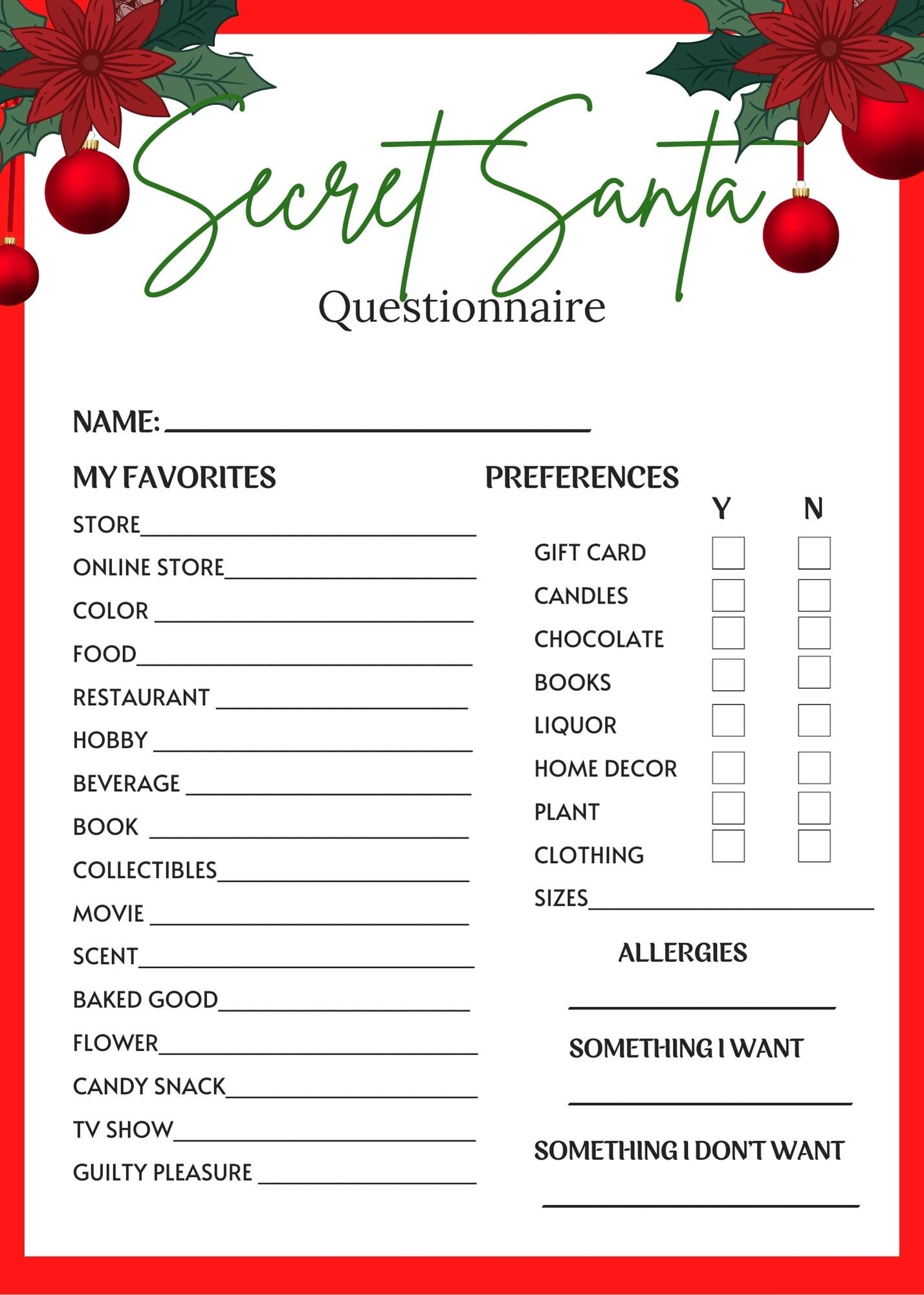 Red Secret Santa Questionnaire | Secret Santa Form | Printable Secret ...