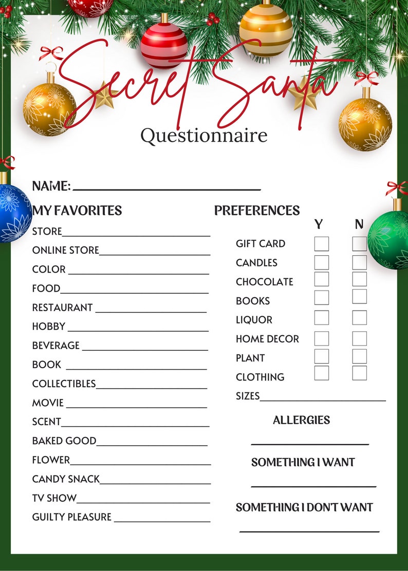 Green Secret Santa Questionnaire | Printable Secret Santa Form | Secret ...