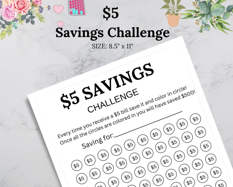 Money Saving Challenge Printable 5 Dollar Savings Challenge Savings ...