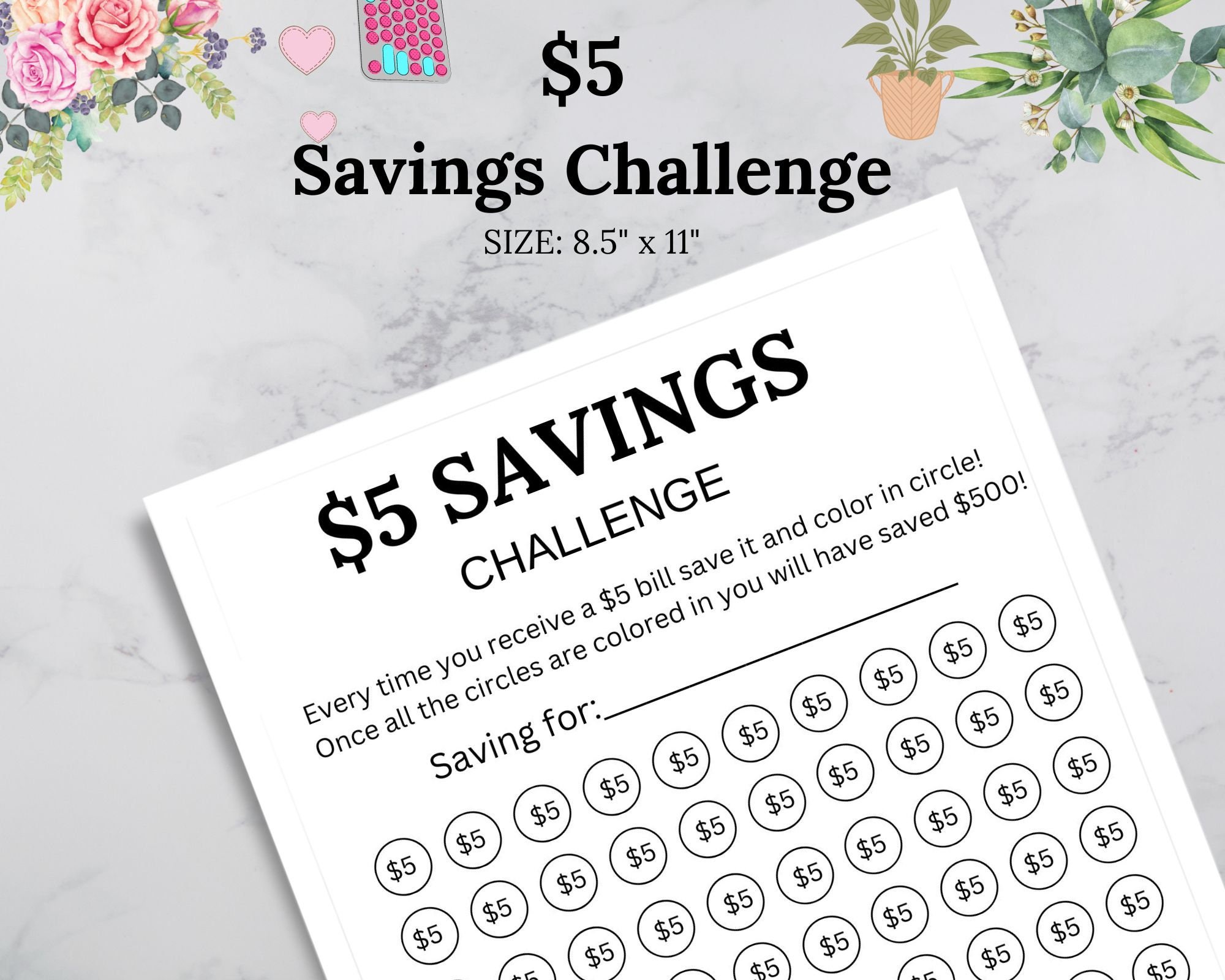 Money Saving Challenge Printable 5 Dollar Savings Challenge Savings ...