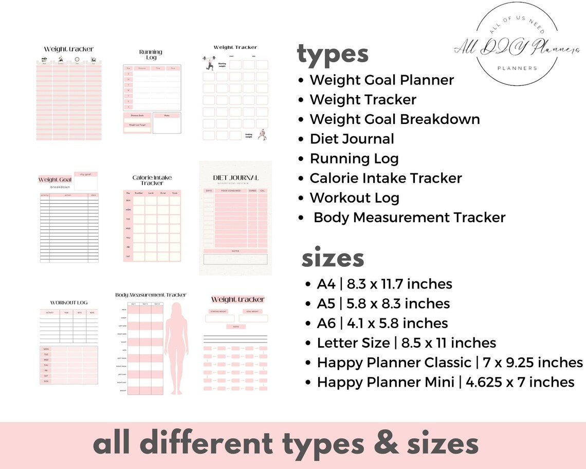 Weight Tracker and Goal Planner Bundle, Printable Planner Pages, Diet ...