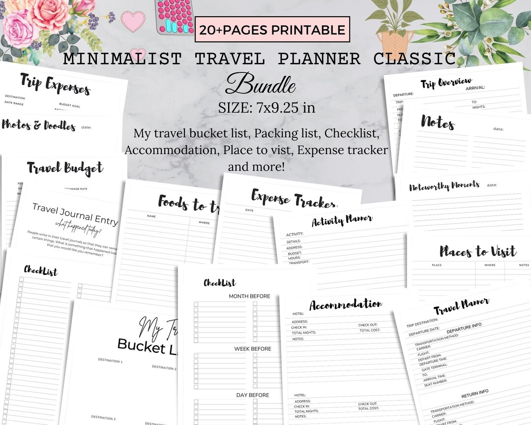 Minimalist Travel Planner Bundle, Classic Trip Organizer, Packing List ...