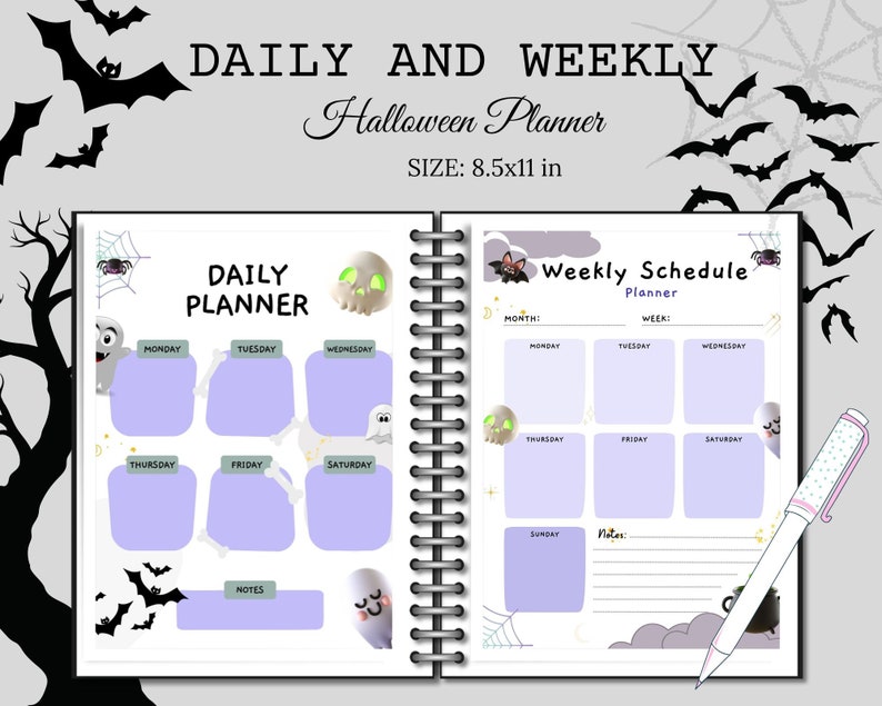 Purple and White Daily and Weekly Halloween Planner, Printable, Ghostly ...