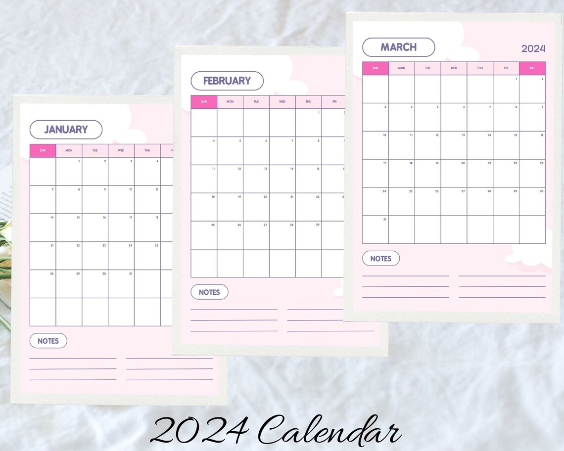 Pastel Pink Cute Illustrative 2024 With Notes Calendar A4 PDF 2024 ...