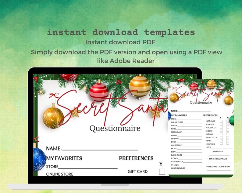 Green Secret Santa Questionnaire | Printable Secret Santa Form | Secret ...