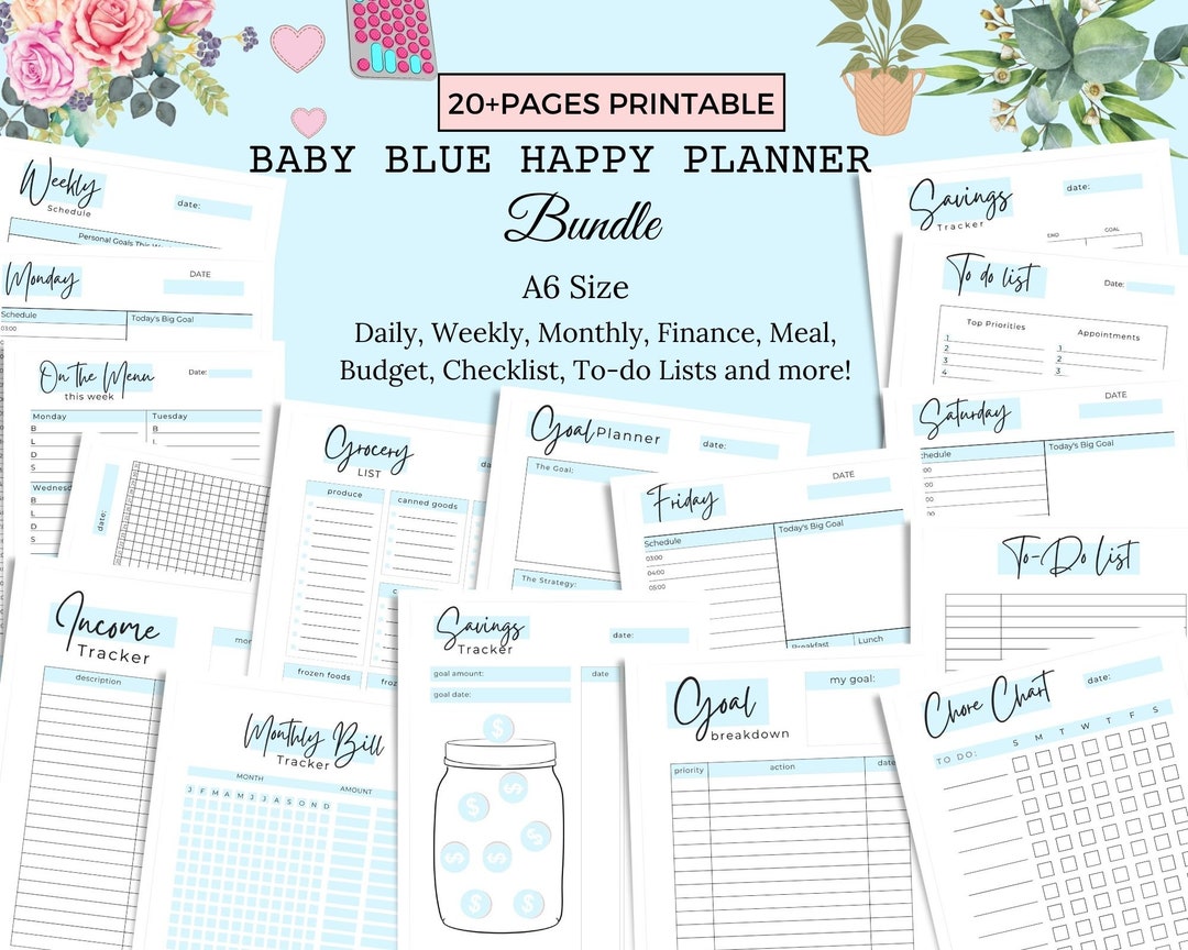 A6 Baby Blue Happy Planner Printable Inserts, Happy Planner Bundle ...