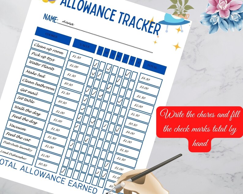 Allowance Tracker for Kids - Printable Weekly Allowance Chore Chart ...