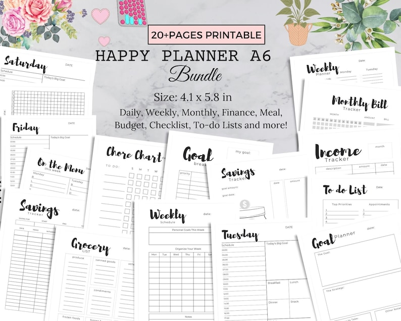 A6 Grey Mono Happy Planner Printable Inserts, Happy Planner Bundle ...