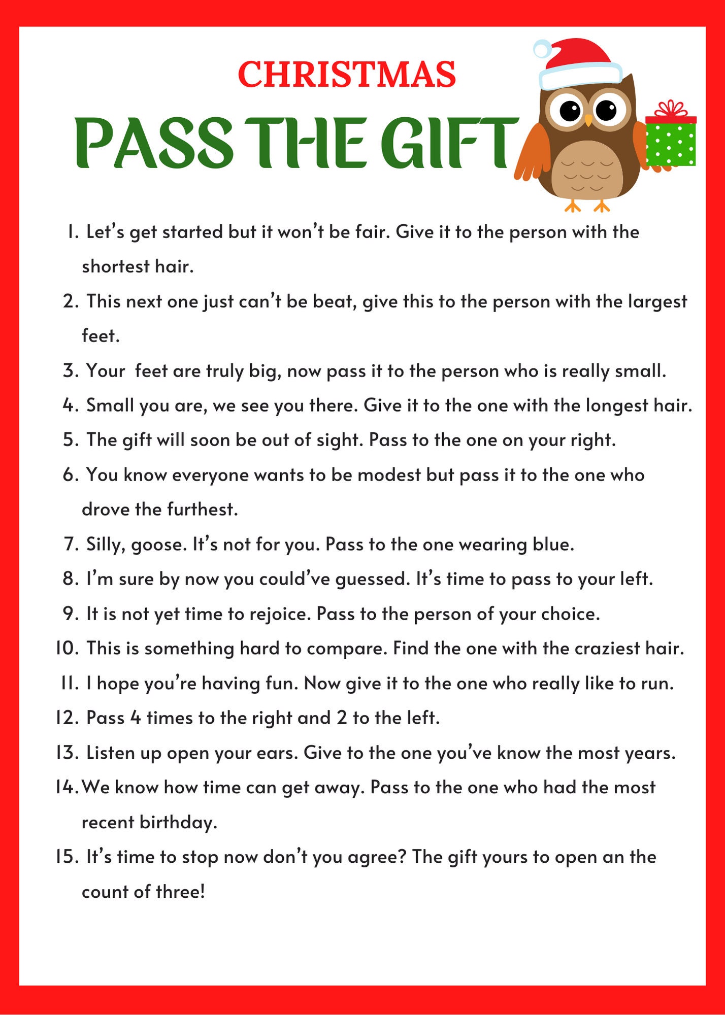 Red Christmas Pass the Gift Game Printable | Christmas Games | Family ...