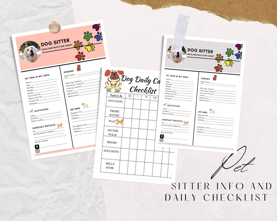 Dog Sitter Info / Instructional Sheet, Dog Daily Care Checklist, A4 ...
