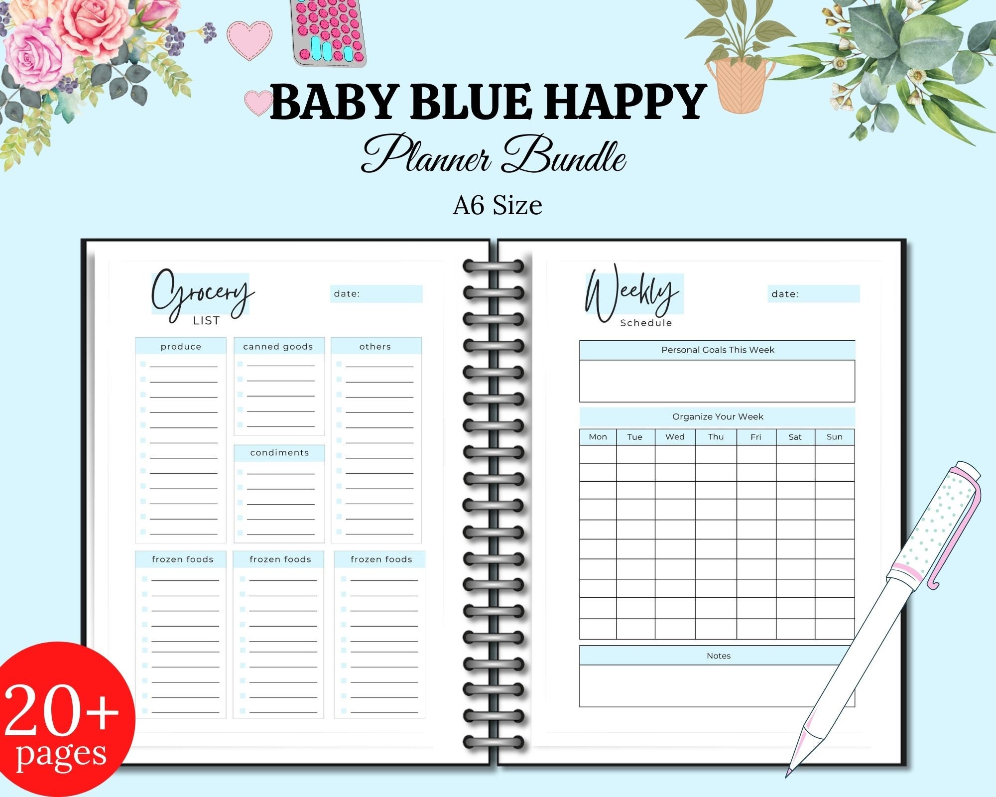 A6 Baby Blue Happy Planner Printable Inserts, Happy Planner Bundle ...