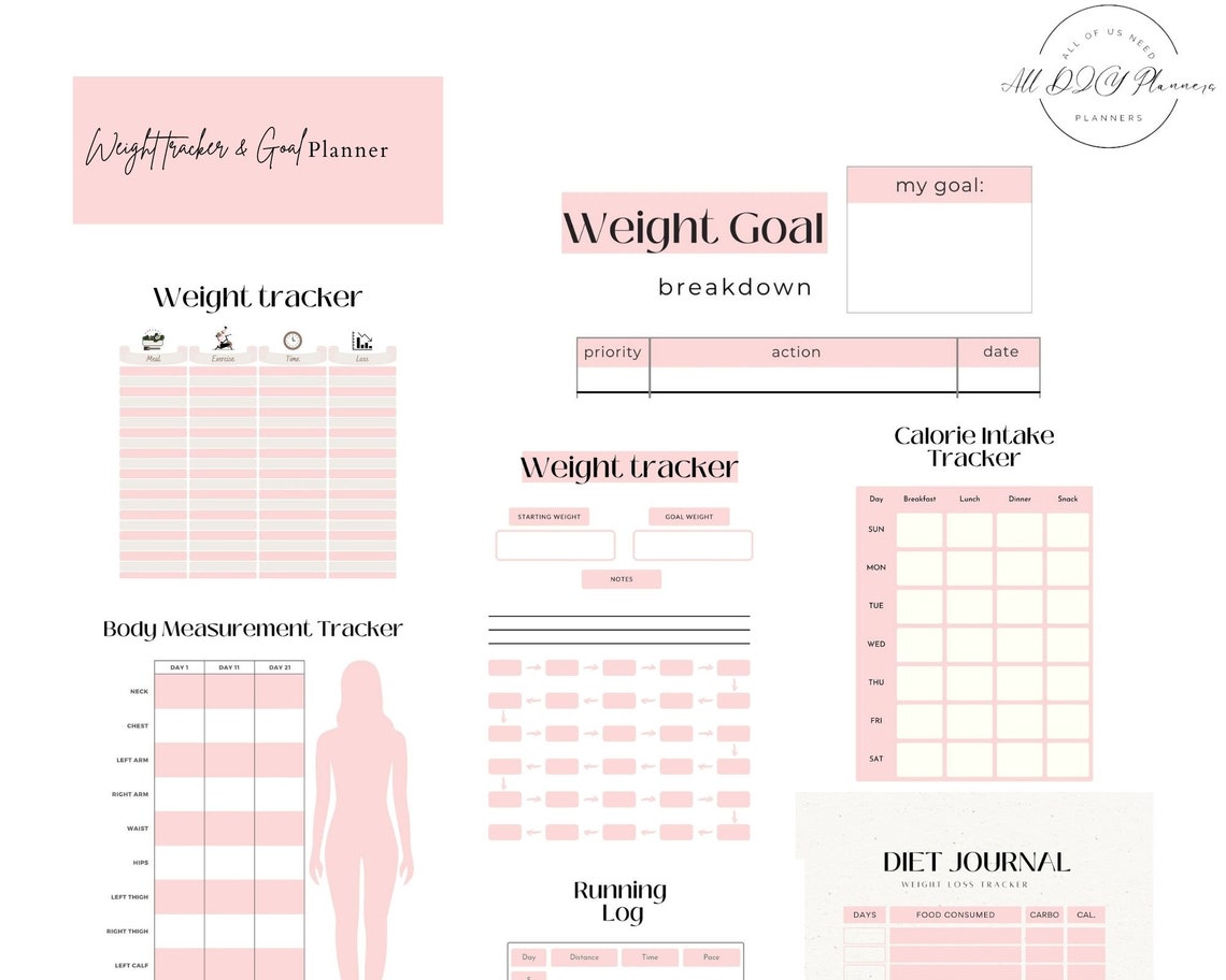 Weight Tracker and Goal Planner Bundle, Printable Planner Pages, Diet ...