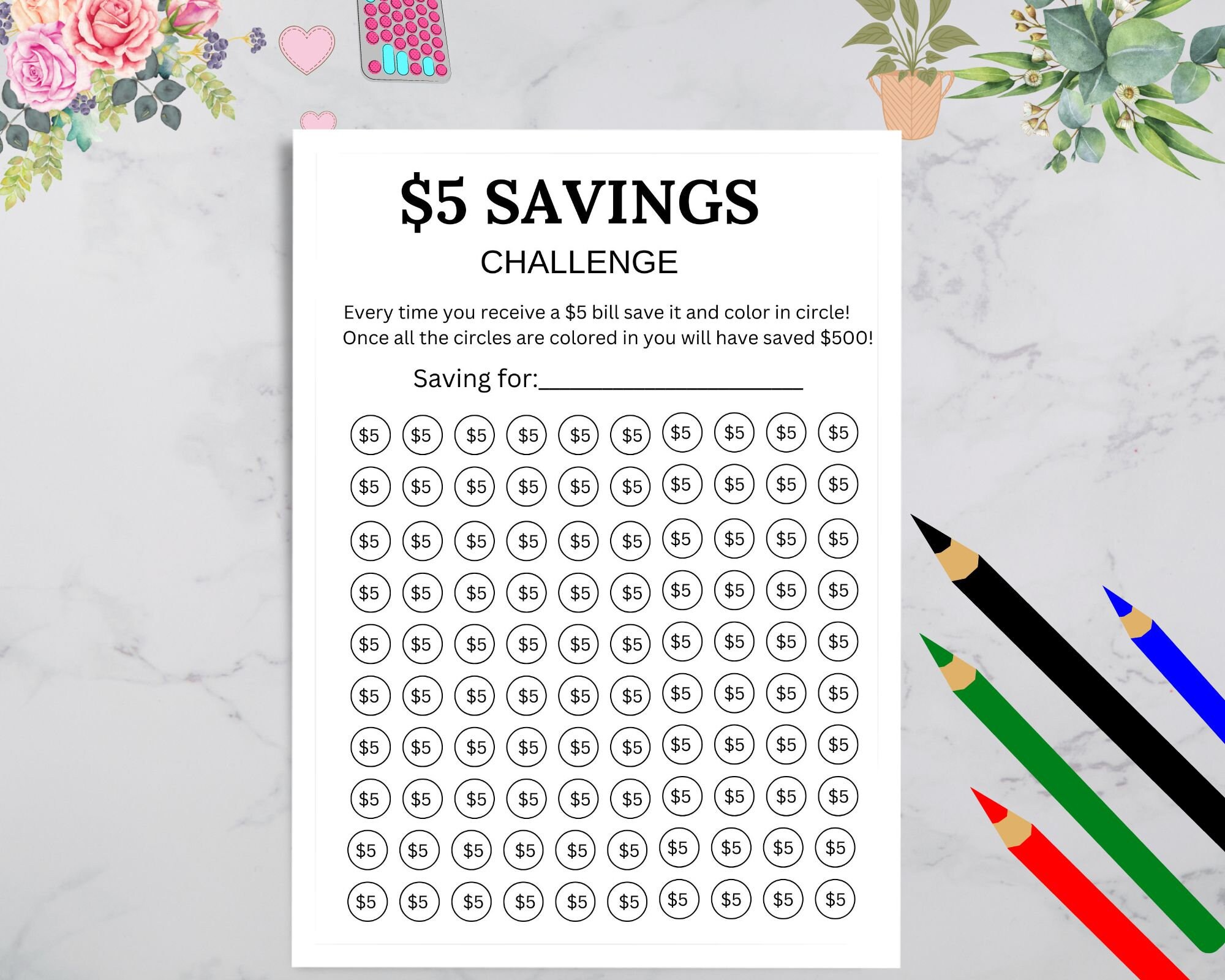 Money Saving Challenge Printable 5 Dollar Savings Challenge Savings ...