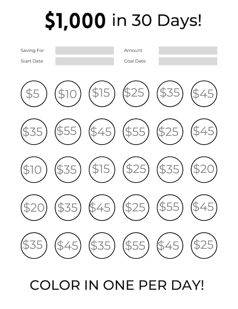 Money Saving Challenge Printable Save 1000 in 30 Days Savings Tracker ...