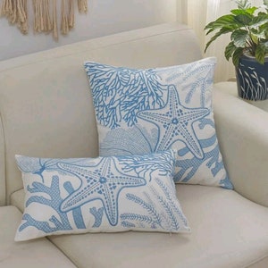 Starfish Cushion Embroidered Cover Sky Blue Ocean Coastal - Etsy UK