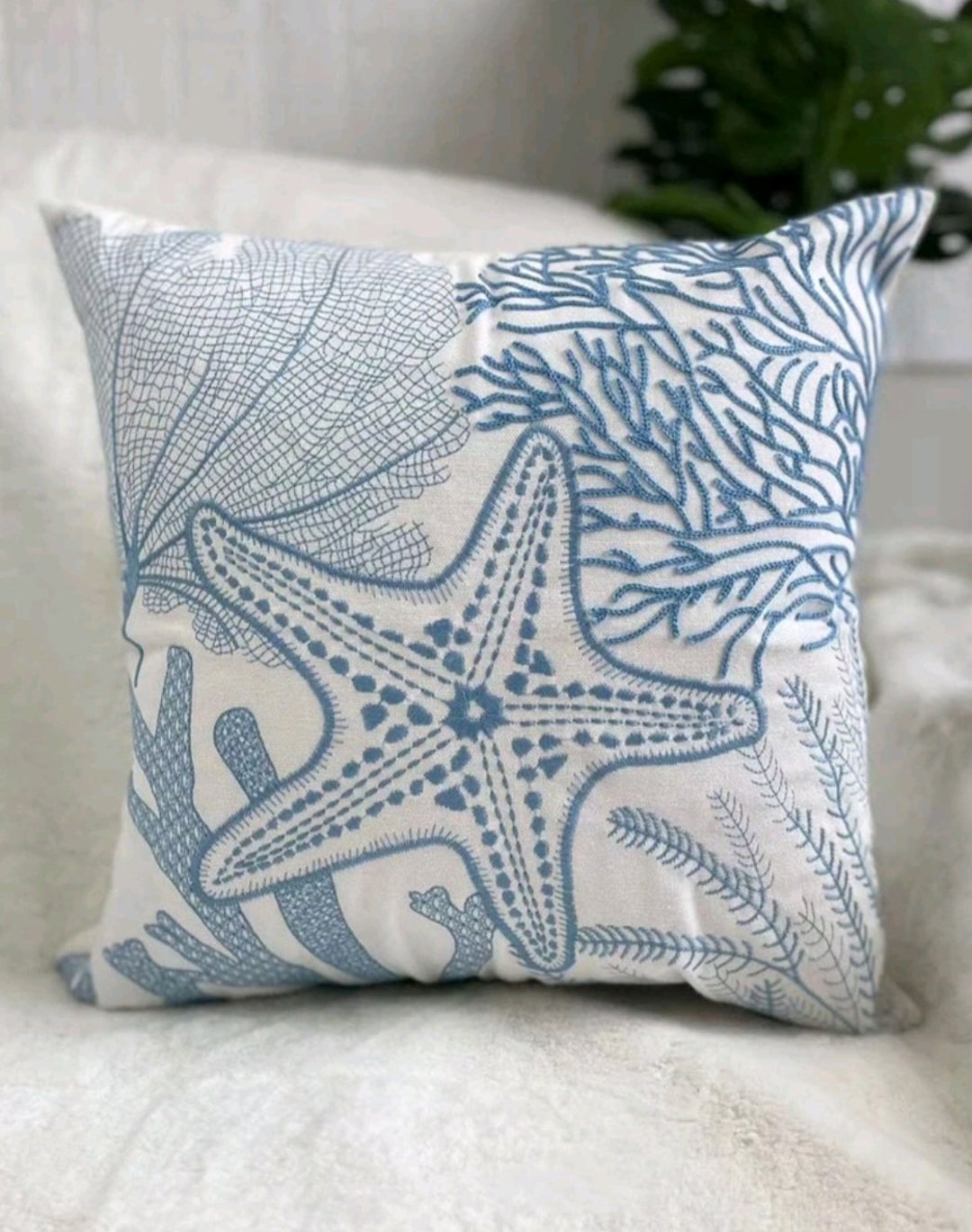 Starfish Cushion Embroidered Cover Sky Blue Ocean Coastal - Etsy UK