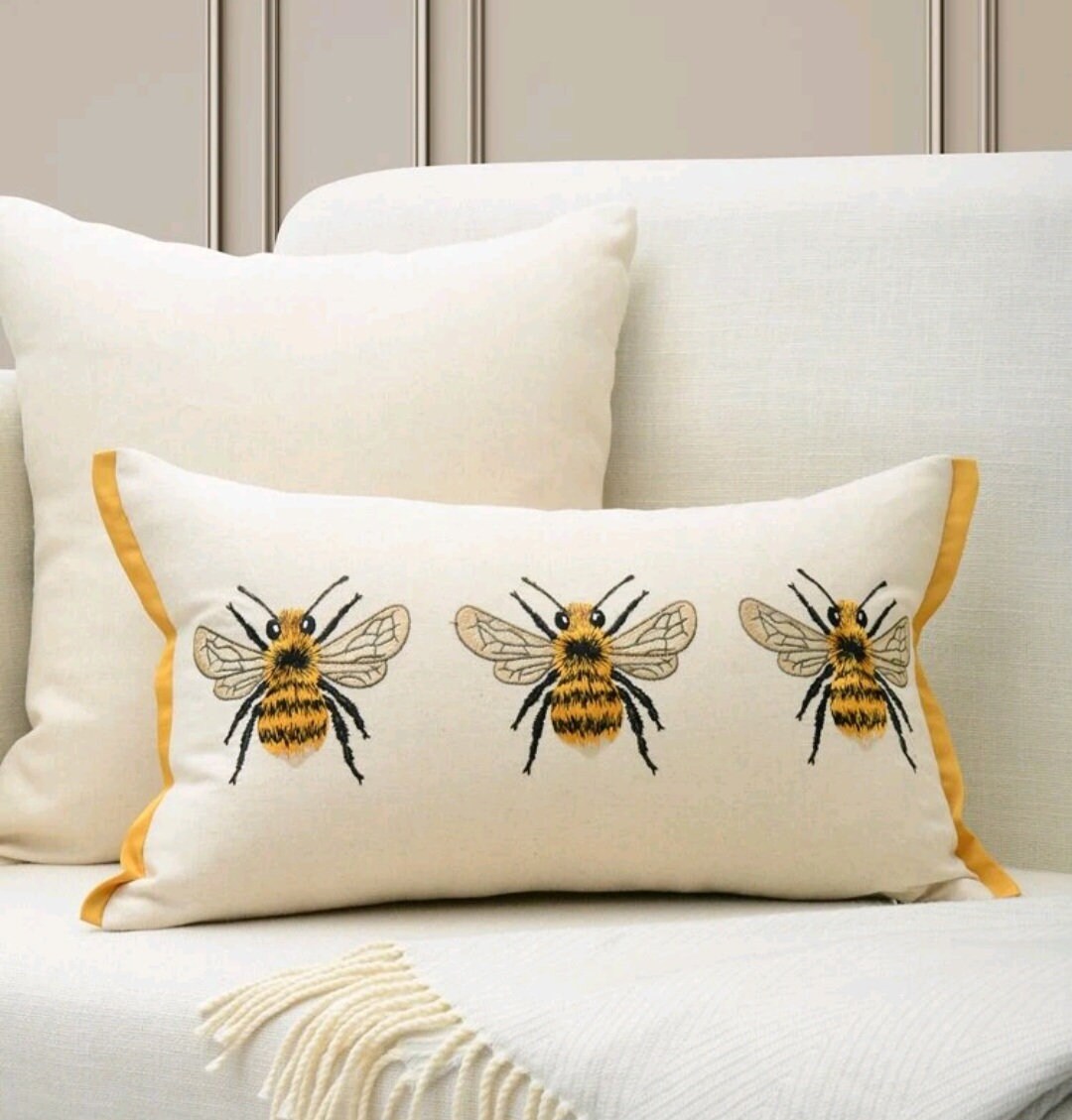 Bee Cushion Embroidered Cover Yellow Countryliving Room - Etsy UK